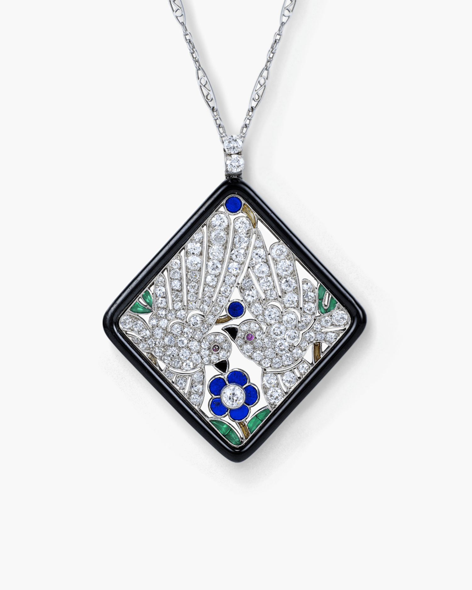 Art Deco Diamond, Ruby, Sapphire and Enamel Dove Pendant by Georges Le ...