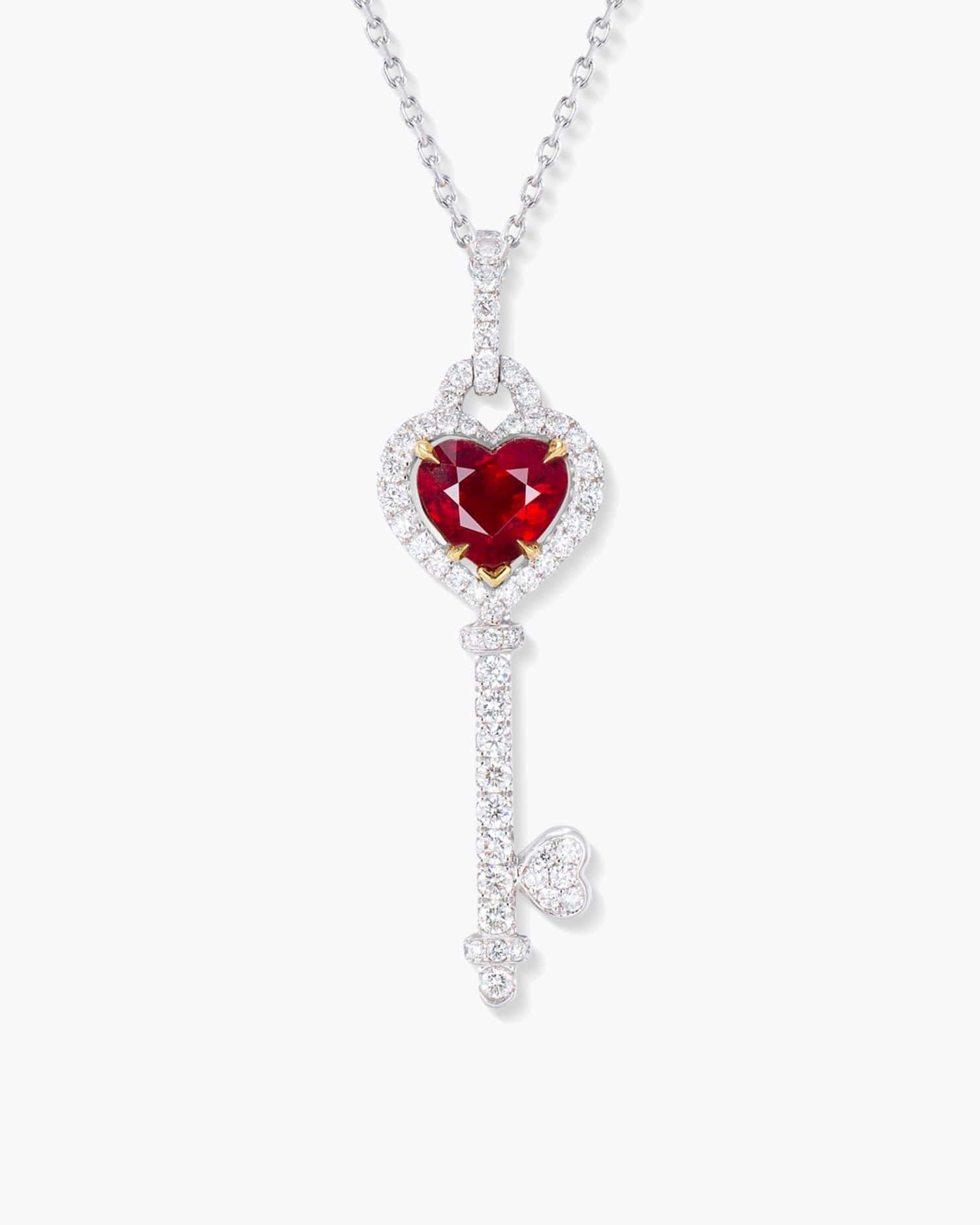 Heart Shape Burmese Ruby and Diamond Key Pendant Necklace, 1.95 carats ...