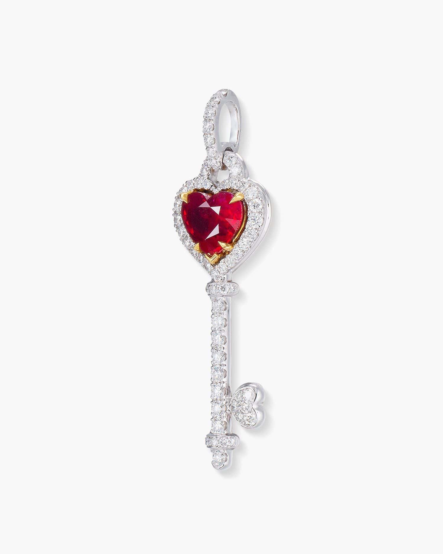 Heart Shape Burmese Ruby and Diamond Key Pendant Necklace, 1.95 carats ...