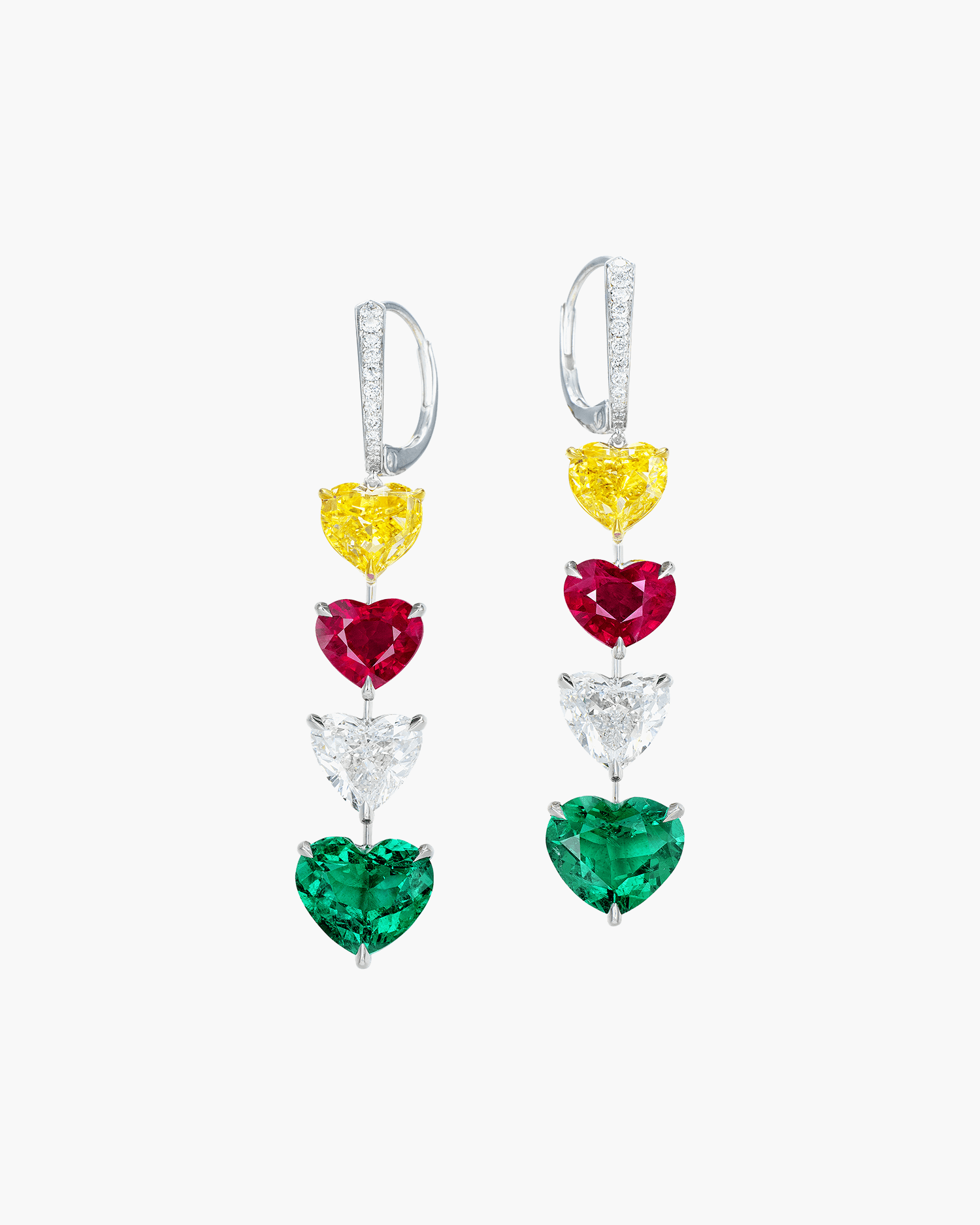 13.13 carat Heart Shape Emerald, Ruby, White and Yellow Diamond Earrin ...
